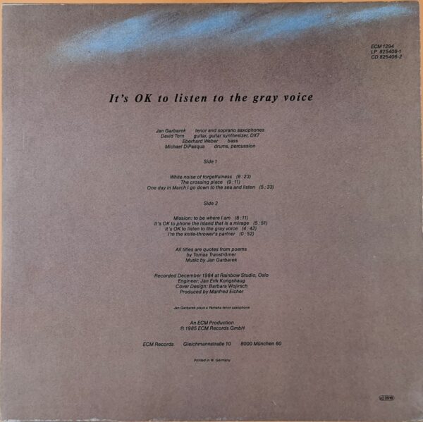 Jan Garbarek Group – It’s OK To Listen To The Gray Voice / ECM – Karma ...